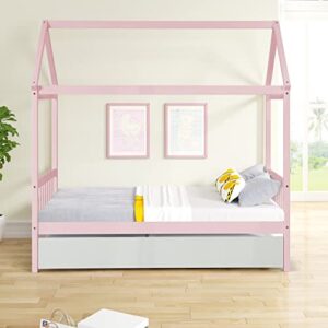 Prohon Twin Size Platform Bed with Trundle & Headboard, House Bed with Roof Design, Wooden Bed Frame Strong Slats Support, Bedframe for Kids Teen Adults, No Box Spring Needed, Pink