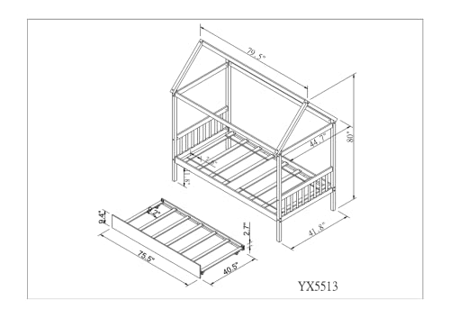 Prohon Twin Size Platform Bed with Trundle & Headboard, House Bed with Roof Design, Wooden Bed Frame Strong Slats Support, Bedframe for Kids Teen Adults, No Box Spring Needed, Pink