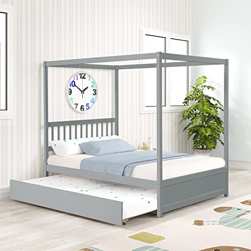 HAUSHECK Full Size Canopy Bed Frame with Trundle, Four-Poster Canopy Platform Bed Frame with Headboard for Kids, Teen, Adults, Sturdy Wooden Slatted Structure, No Box Spring Needed, Easy Assembly