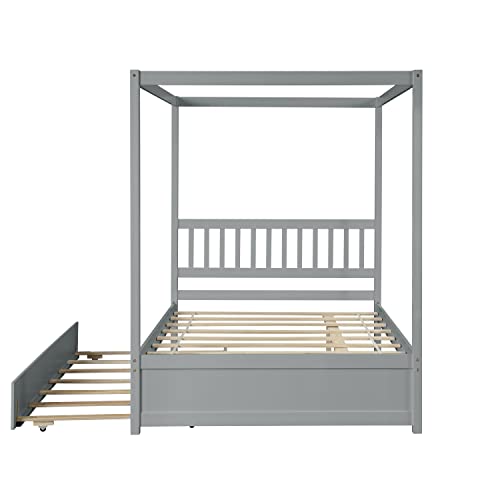 HAUSHECK Full Size Canopy Bed Frame with Trundle, Four-Poster Canopy Platform Bed Frame with Headboard for Kids, Teen, Adults, Sturdy Wooden Slatted Structure, No Box Spring Needed, Easy Assembly