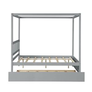 HAUSHECK Full Size Canopy Bed Frame with Trundle, Four-Poster Canopy Platform Bed Frame with Headboard for Kids, Teen, Adults, Sturdy Wooden Slatted Structure, No Box Spring Needed, Easy Assembly