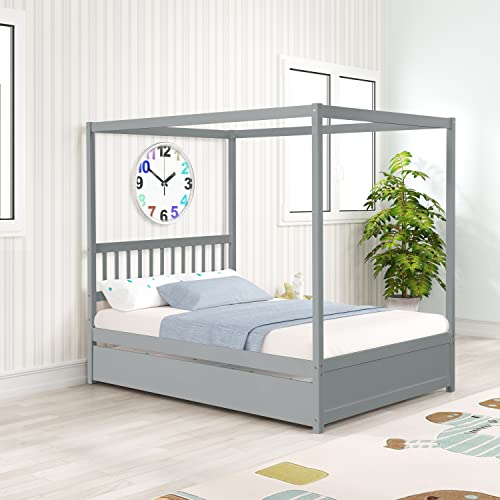 HAUSHECK Full Size Canopy Bed Frame with Trundle, Four-Poster Canopy Platform Bed Frame with Headboard for Kids, Teen, Adults, Sturdy Wooden Slatted Structure, No Box Spring Needed, Easy Assembly