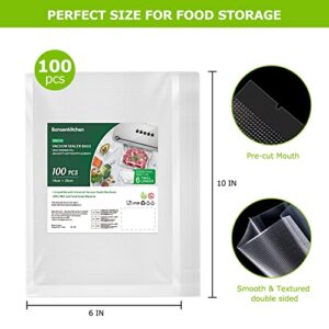 Bonsenkitchen Textured Food Vacuum Sealer Bags, 100 Quart 6" x 10', BPA Free, Thick Embossed, Commercial Grade for Food Storage and Sous Vide Cooking