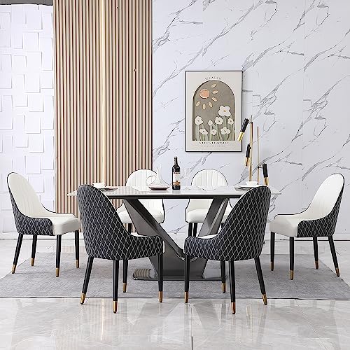 Modern Dining Table for 6 People, 71" Dinner Room Table with Stainless Steel Base, Rectangular Marble Dining Kitchen Table Stone Dining Table Suitable for Home, Kitchen, Living Room (1 Table)