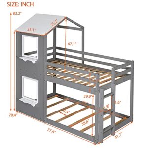 Lepfun Bunk Bed,Twin Over Twin Size Bunk Bed Wood Bed with Roof and Window for Bedroom,Guest Room and Dorm,Wooden Bunk Bed with Guardrail and Ladder for Kids,Teens,Girls,Boys,Noise Free,White