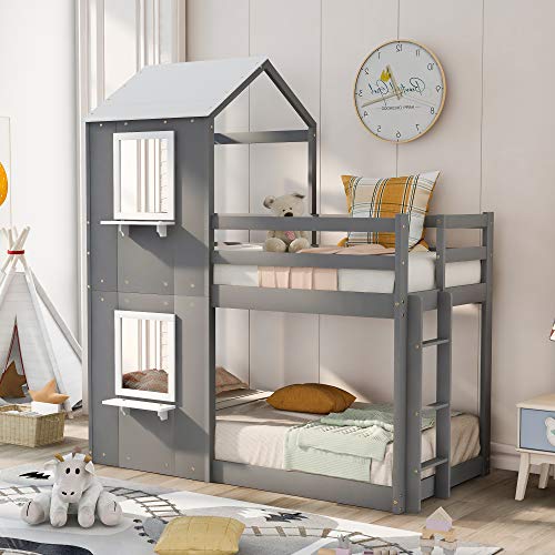 Lepfun Bunk Bed,Twin Over Twin Size Bunk Bed Wood Bed with Roof and Window for Bedroom,Guest Room and Dorm,Wooden Bunk Bed with Guardrail and Ladder for Kids,Teens,Girls,Boys,Noise Free,White