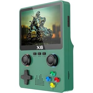 x6 handheld game console, retro game console built-in 32gb 10000+ classic games, 3.5-inch oca ips screen, dual 3d joystick, 11 emulators, handheld gaming console support tv output,green