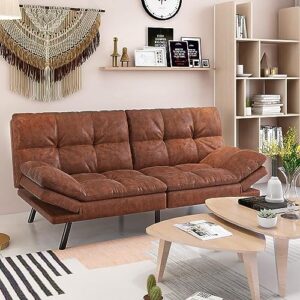 wood-it futon sofa bed, memory foam foldable couch convertible loveseat sleeper daybed with adjustable armrests for small space, compact living room, studio, office, apartment (brown)