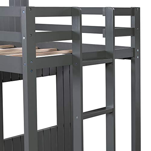 LCH Bunk Bed,Wooden Twin Over Full Bunk Bed for Bedroom,Guest Room and Dorm,Loft Bed with Playhouse,Farmhouse,Ladder and Guardrails for Kids,Teens,Boys and Girls,No Box Spring Needed,Gray