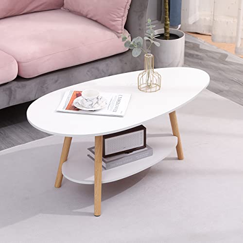 RVEE 2 Tier Coffee Table Cocktail Table Sofa Table Ellipse Oval Modern Mid Century Wood Legs White