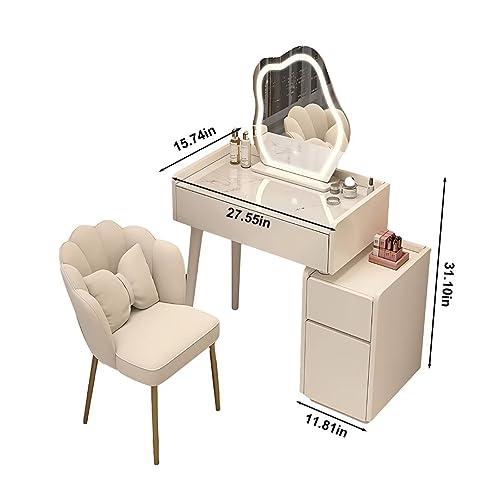 Attega Cute Vanity Desk Set, Makeup Vanity Table with Side Cabinet and Petal Chair, Dressing Table Set for Small Bedroom (White, 27 Inch)