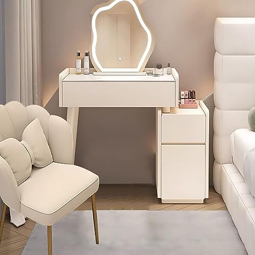 Attega Cute Vanity Desk Set, Makeup Vanity Table with Side Cabinet and Petal Chair, Dressing Table Set for Small Bedroom (White, 27 Inch)