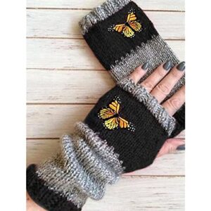 liuyffan Mittens for Women Cold Weather Heated Hook Gloves Woolen Flower Small Warm Gloves Women Hand Cotton Handmade Gloves (Black, One Size)