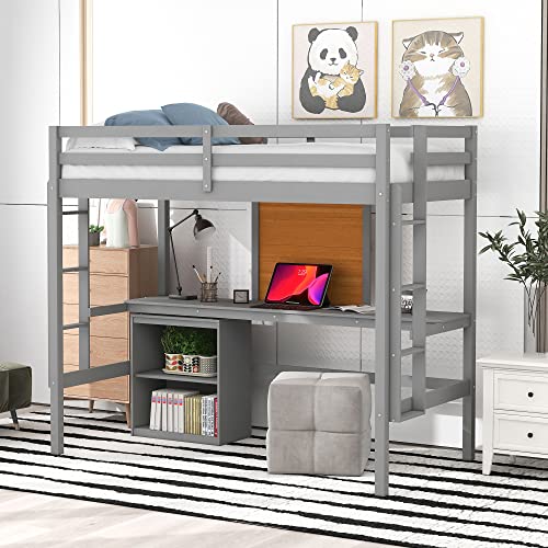 LCH Loft Bed,Twin Size Loft Bed with Desk and Writing Board for Bedroom,Guest Room and Dorm, Wooden Loft Bed with Desk and Two Drawers Cabinet for Kids,Teens,Boys,Girls,No Box Spring Needed,Gray