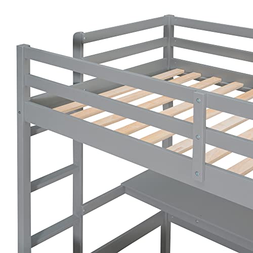 LCH Loft Bed,Twin Size Loft Bed with Desk and Writing Board for Bedroom,Guest Room and Dorm, Wooden Loft Bed with Desk and Two Drawers Cabinet for Kids,Teens,Boys,Girls,No Box Spring Needed,Gray