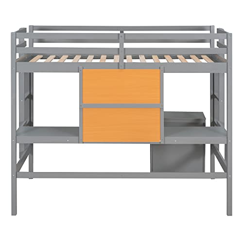 LCH Loft Bed,Twin Size Loft Bed with Desk and Writing Board for Bedroom,Guest Room and Dorm, Wooden Loft Bed with Desk and Two Drawers Cabinet for Kids,Teens,Boys,Girls,No Box Spring Needed,Gray