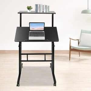 piojnyen mobile stand up desk, small adjustable standing desk with wheels home office workstation, portable rolling desk laptop cart for standing or sitting, black (23.62 * 11.81in, black)