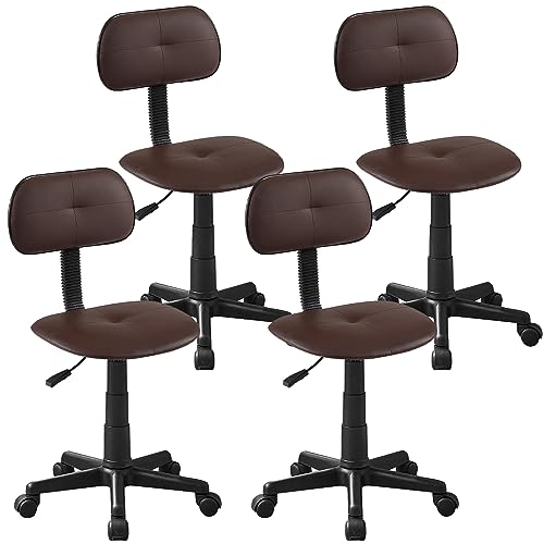 VECELO Armless Home Office Chair Low-Back Height Adjustable Stools for Desk/Computer/Task/Small Space, 360° Swivel, Set of 4, Coffee