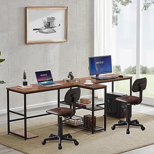 VECELO Armless Home Office Chair Low-Back Height Adjustable Stools for Desk/Computer/Task/Small Space, 360° Swivel, Set of 4, Coffee