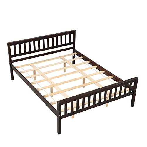 Prohon Queen Size Bed Frame with Vertical Openwork Design Headboard & Footboard, Wooden Platform Bed with Large Underbed Storage Space, Simple Style Bedframe, No Box Spring Needed, Espresso