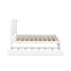 Queen Size Platform Bed with Twin Size Trundle and 2 Drawers, Wood Platform Bed with Sturdy Wooden Slat Support for Kids Teens Girls Boys, No Box Spring Needed (White)