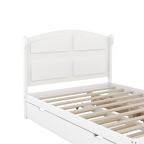 Queen Size Platform Bed with Twin Size Trundle and 2 Drawers, Wood Platform Bed with Sturdy Wooden Slat Support for Kids Teens Girls Boys, No Box Spring Needed (White)