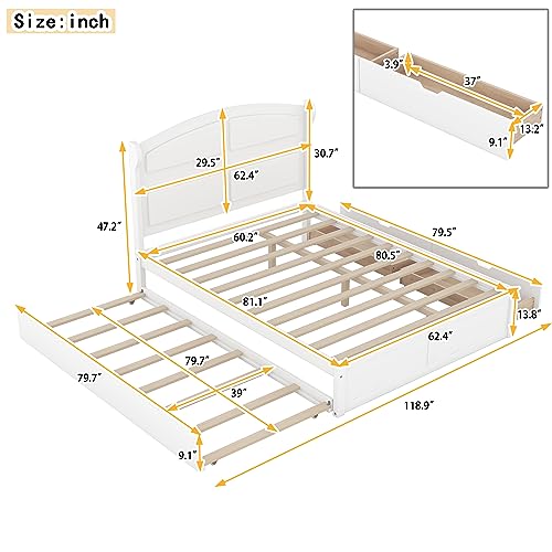 Queen Size Platform Bed with Twin Size Trundle and 2 Drawers, Wood Platform Bed with Sturdy Wooden Slat Support for Kids Teens Girls Boys, No Box Spring Needed (White)