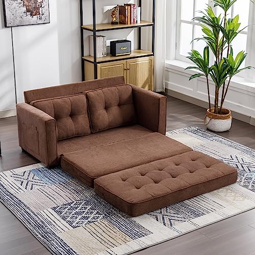 Sleeper Loveseat Pull Out Bed Convertible Sofa Bed with Side Pocket Modern Upholstered Small Sectional Sleeper Sofa Pull Out Couch for Living Room Office, 59.4", Brown