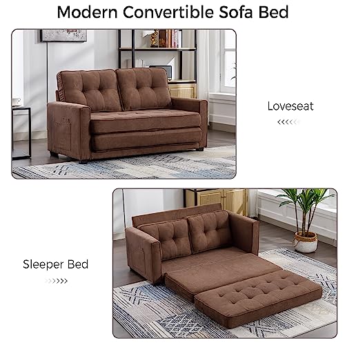 Sleeper Loveseat Pull Out Bed Convertible Sofa Bed with Side Pocket Modern Upholstered Small Sectional Sleeper Sofa Pull Out Couch for Living Room Office, 59.4", Brown