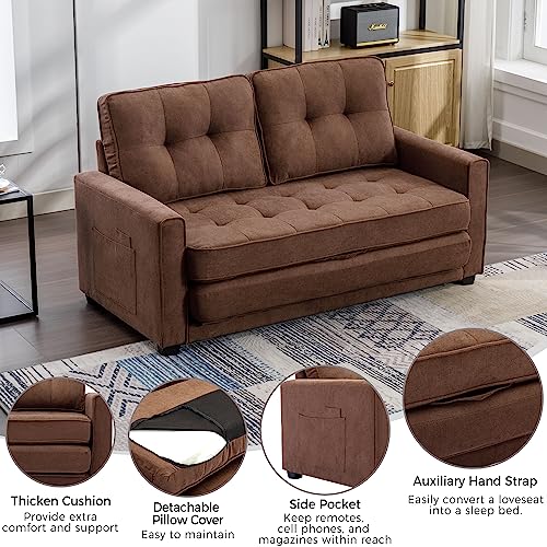 Sleeper Loveseat Pull Out Bed Convertible Sofa Bed with Side Pocket Modern Upholstered Small Sectional Sleeper Sofa Pull Out Couch for Living Room Office, 59.4", Brown