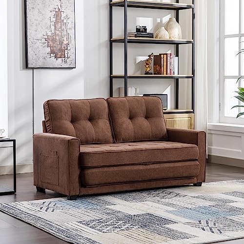 Sleeper Loveseat Pull Out Bed Convertible Sofa Bed with Side Pocket Modern Upholstered Small Sectional Sleeper Sofa Pull Out Couch for Living Room Office, 59.4", Brown