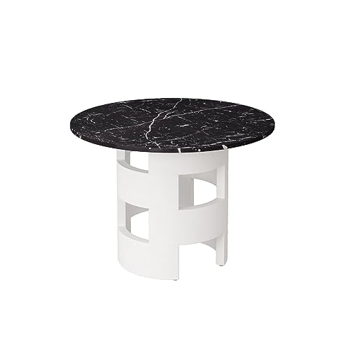 FRITHJILL 42.12" Round Dining Table with Printed Faux Marble Table Top and MDF Pedestal for Dining Room, Kitchen, Living Room, Black+ White Base