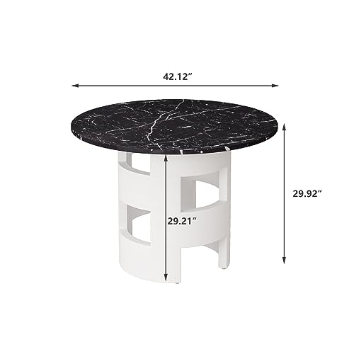 FRITHJILL 42.12" Round Dining Table with Printed Faux Marble Table Top and MDF Pedestal for Dining Room, Kitchen, Living Room, Black+ White Base