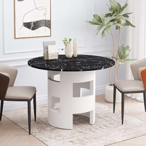 FRITHJILL 42.12" Round Dining Table with Printed Faux Marble Table Top and MDF Pedestal for Dining Room, Kitchen, Living Room, Black+ White Base