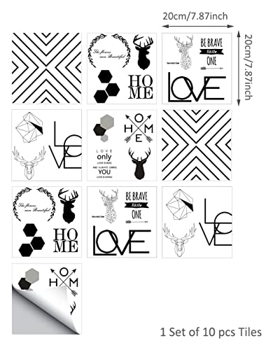 Tile Stickers Elk Black White Stick on Tiles Bathroom PVC Self Adhesive Wall Tiles Kitchen Stick on Wall Tiles Waterproof Peel and Stick Floor Tiles Self Adhesive Tiles for Walls (Size : 10x10x10 pcs