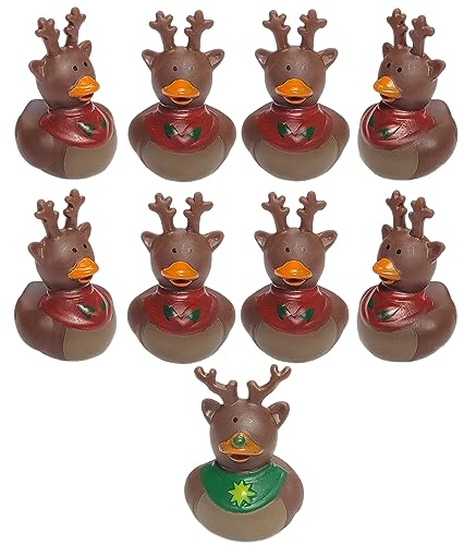 Cool Winter Holiday Christmas 9 Reindeer Rubber Duckies (2") Standard Size. (9 Pack) Cute Duck Bath Tub Pool Toys. (Reindeer Rubber Ducks)