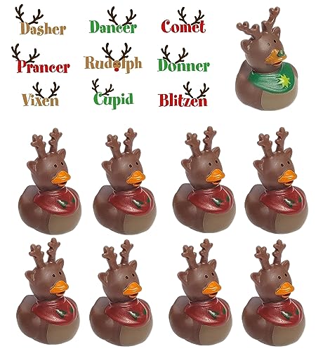 Cool Winter Holiday Christmas 9 Reindeer Rubber Duckies (2") Standard Size. (9 Pack) Cute Duck Bath Tub Pool Toys. (Reindeer Rubber Ducks)