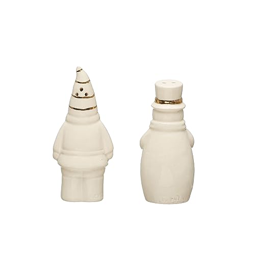 One Holiday Way 3.75-Inch Elegant White Stoneware Santa & Snowman Salt Dispenser and Pepper Shaker Set w/Gold Accents – Decorative Christmas Kitchen Counter Tableware - Xmas Party Tabletop Home Decor