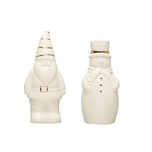 One Holiday Way 3.75-Inch Elegant White Stoneware Santa & Snowman Salt Dispenser and Pepper Shaker Set w/Gold Accents – Decorative Christmas Kitchen Counter Tableware - Xmas Party Tabletop Home Decor