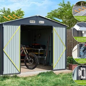 VanAcc 10x12x7.5 FT Outdoor Storage Shed, Galvanized Steel Metal Garden Sheds with 2 Light Transmitting Window and Double Lockable Door, Oversized Tool Sheds for Backyard Patio Dark Grey/White