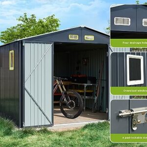 VanAcc 10x12x7.5 FT Outdoor Storage Shed, Galvanized Steel Metal Garden Sheds with 2 Light Transmitting Window and Double Lockable Door, Oversized Tool Sheds for Backyard Patio Dark Grey/White