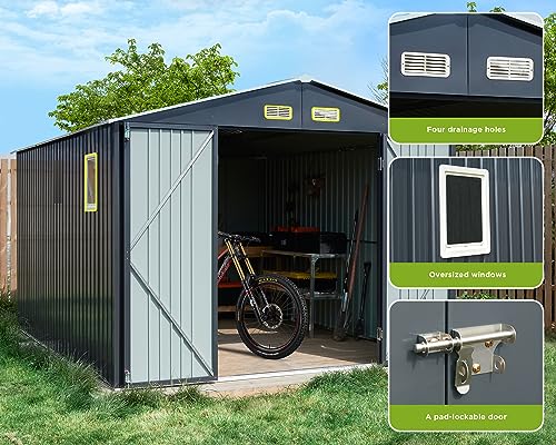 VanAcc 10x12x7.5 FT Outdoor Storage Shed, Galvanized Steel Metal Garden Sheds with 2 Light Transmitting Window and Double Lockable Door, Oversized Tool Sheds for Backyard Patio Dark Grey/White