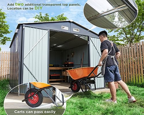 VanAcc 10x12x7.5 FT Outdoor Storage Shed, Galvanized Steel Metal Garden Sheds with 2 Light Transmitting Window and Double Lockable Door, Oversized Tool Sheds for Backyard Patio Dark Grey/White