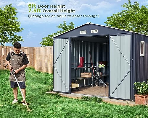 VanAcc 10x12x7.5 FT Outdoor Storage Shed, Galvanized Steel Metal Garden Sheds with 2 Light Transmitting Window and Double Lockable Door, Oversized Tool Sheds for Backyard Patio Dark Grey/White