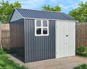 vanacc 10x8x8 ft shed - nordic cottage storage shed 4-pane window outdoor metal garden house double lockable hinged doors for backyard garden patio lawn dark grey/white