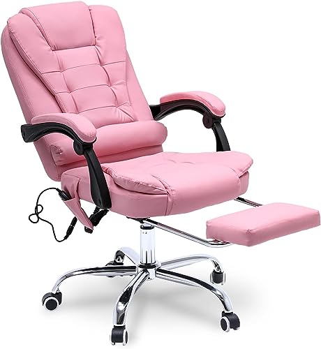 Belandi Massage Office Chair, Ergonomic Executive Computer Chair w/Foot Rest, PU Leather Executive Office Chair w/Heated, Padded Armrest, High Back Swivel Recliner for Office Home Study (Pink2)