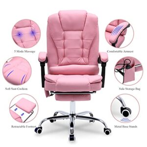 Belandi Massage Office Chair, Ergonomic Executive Computer Chair w/Foot Rest, PU Leather Executive Office Chair w/Heated, Padded Armrest, High Back Swivel Recliner for Office Home Study (Pink2)