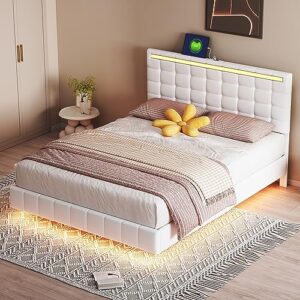 linique queen size wooden floating bed frame with led lights and usb charging,modern pu upholstered platform led bed frame with headboard,white