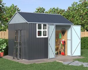 vanacc 10x8x8 ft outdoor storage shed - nordic cottage shed 4-pane window metal garden house double lockable hinged doors for backyard garden patio lawn dark grey/white