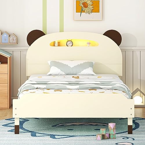 Prohon Wood Bed Frame Twin Size with Bear-Shaped Headboard & Motion Activated Night Lights, Platform Bed with 7.9" Underbed Storage, Cute Bedframe for Kids Boys Girls, No Box Spring Needed, Cream